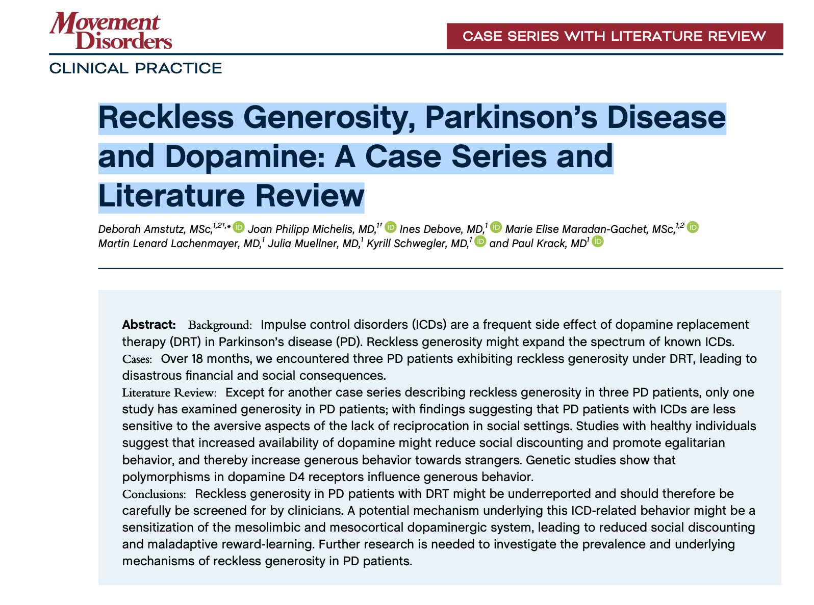 Research on Parkinson’s Disease and Behaviour - Neurologie ...